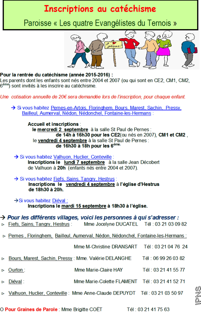Inscriptions au Catéchisme période 2015 - 2016